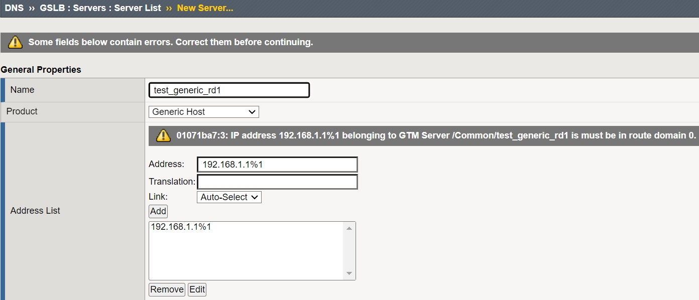 Can not create DNS server or its virtual server for a non-default route ...