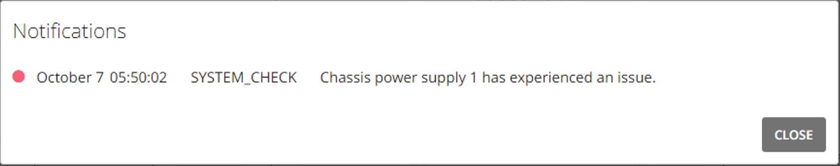 GUI Dashboard shows "Chassis power supply - 1 has experienced an issue."