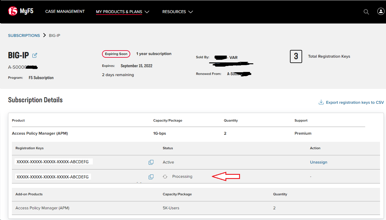 VE subscription license status shows "Processing"
