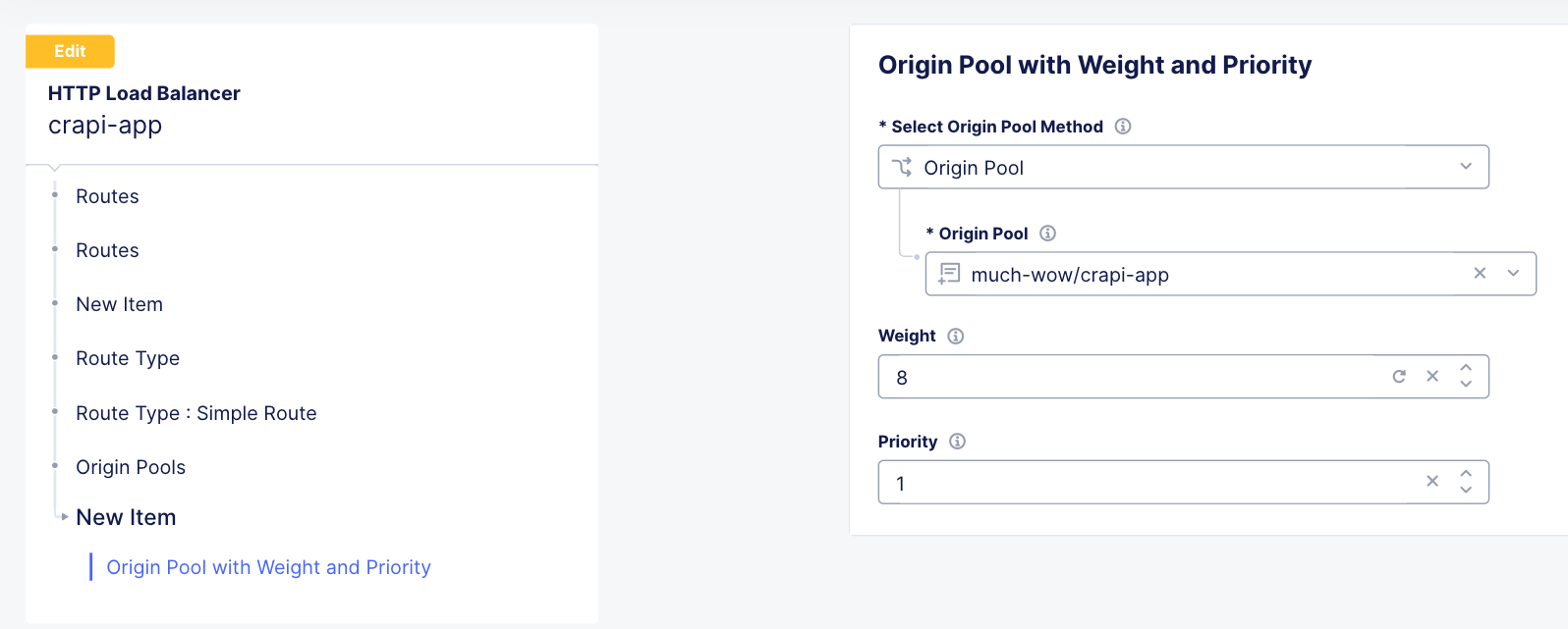 How do I configure the load ratio of my LB if I have two Origin Pools configured on it?