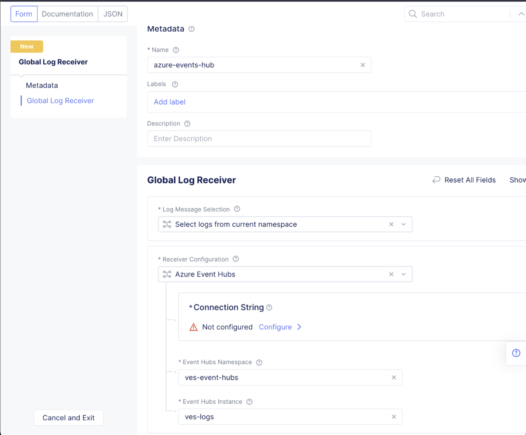 How do I configure Global Log Receiver for Azure Event Hubs?