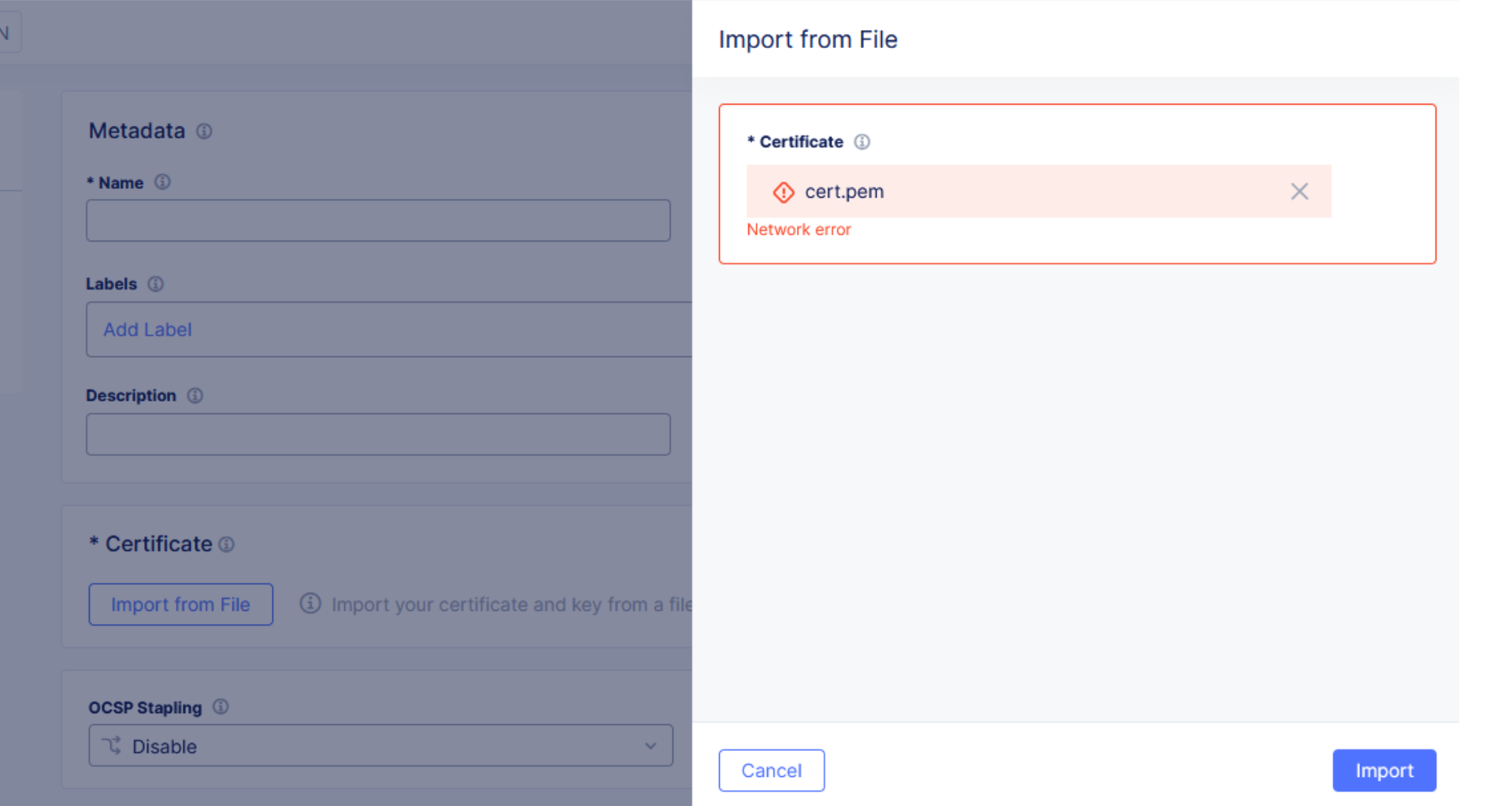 Why do I get "Network Error" while importing certificate?