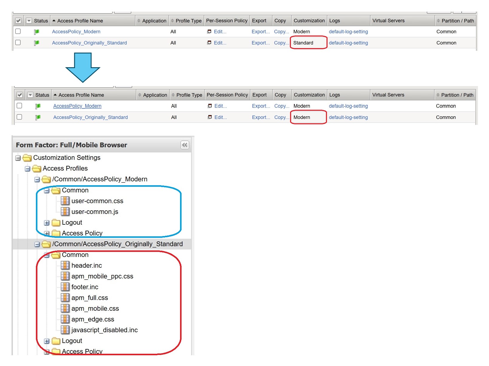 Imported APM policy (originally Modern type) appears "Standard" in ...