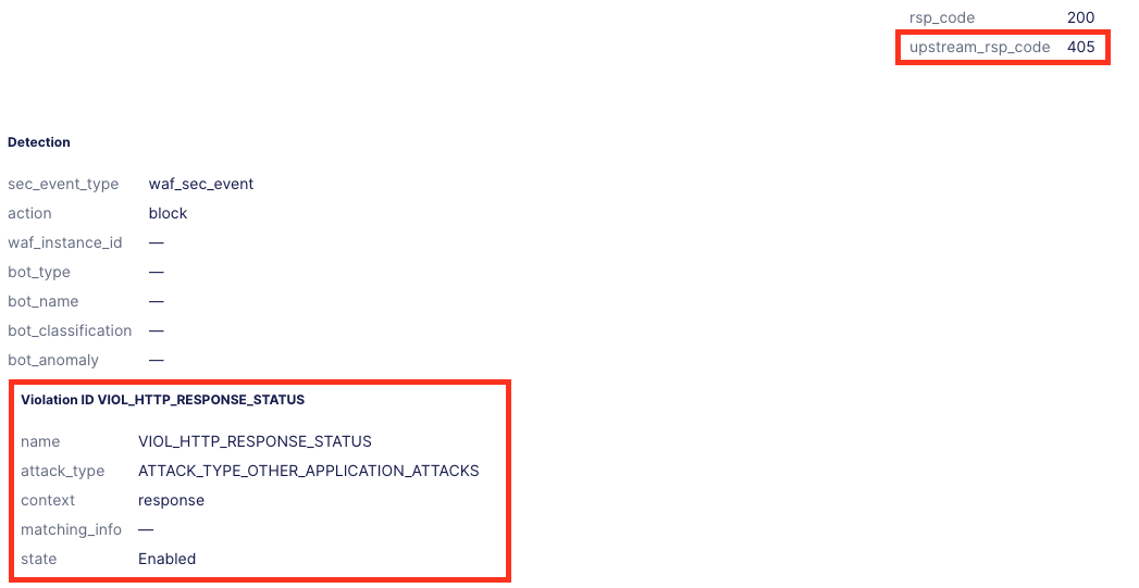 What happens when there is a WAF violation for VIOL_HTTP_RESPONSE_STATUS