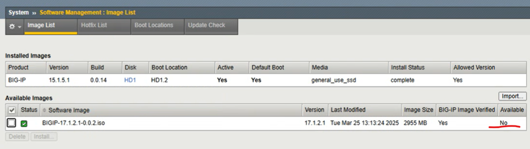 After uploading an .iso image for upgrading, the 'Available column' is set to 'No'