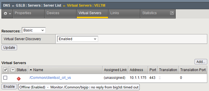 DNS - server object got stuck at red (offline) status with "No enabled ...