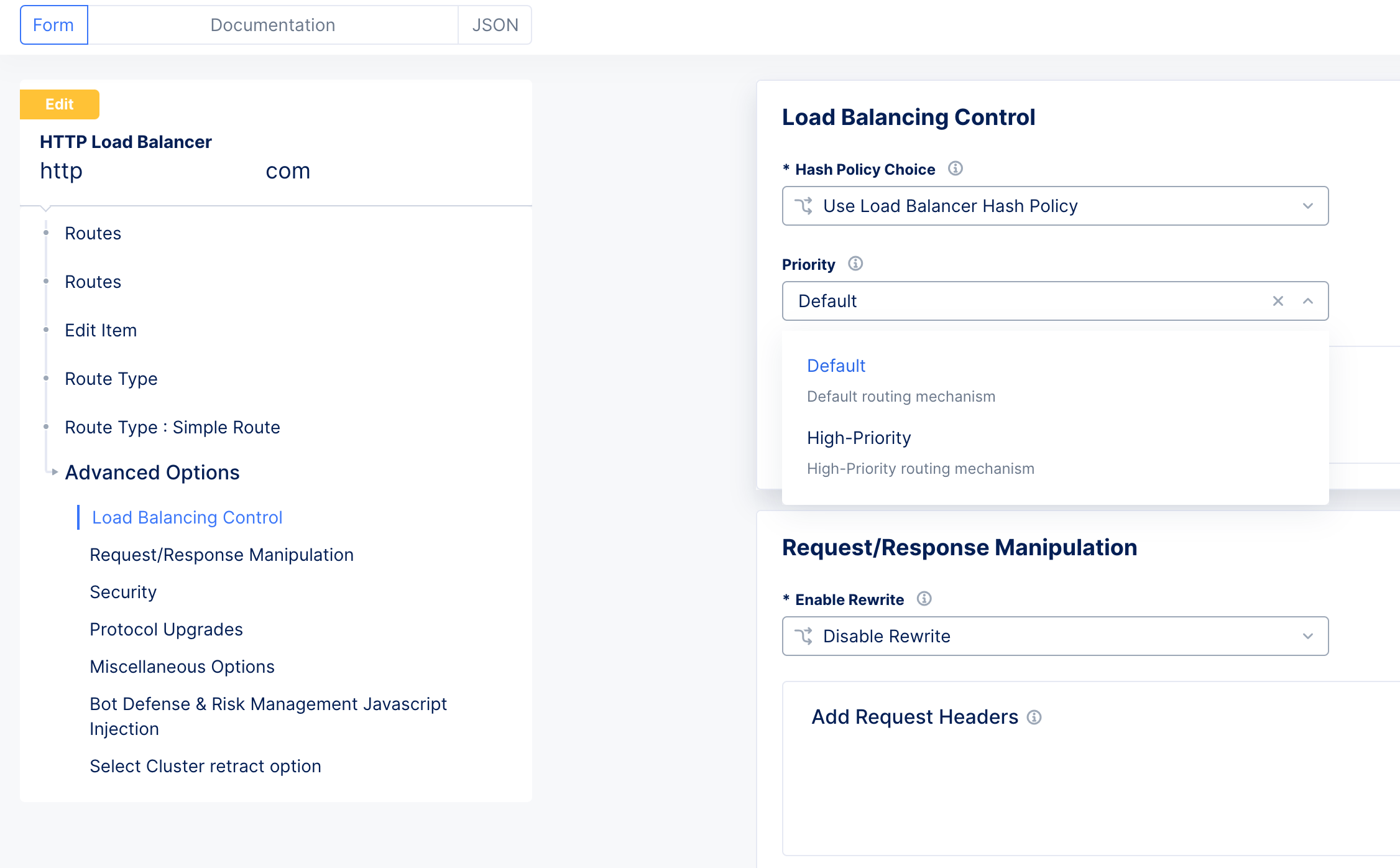 What does the priority option do in HTTP Load Balancer route settings?