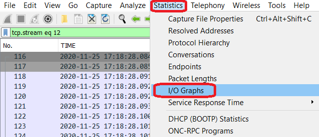 How to use Wireshark to check transfer rate for a TCP stream