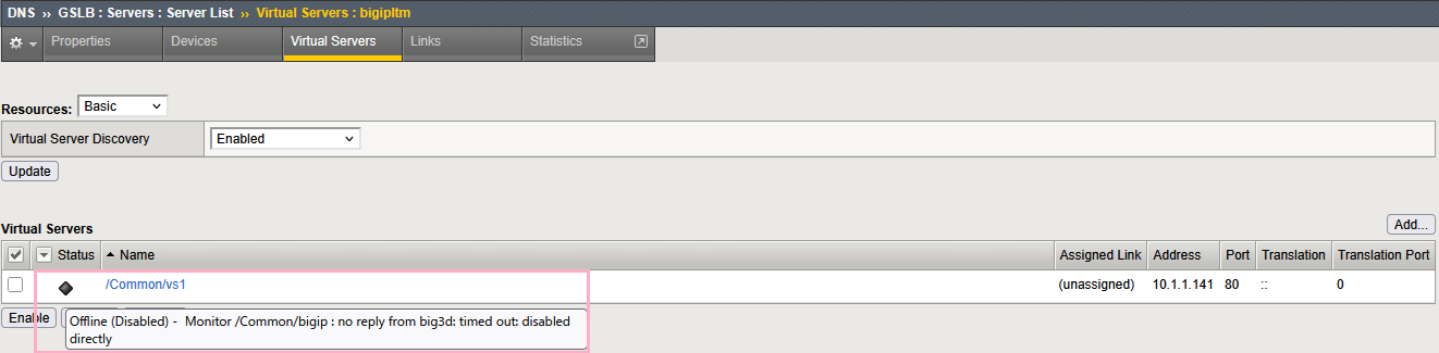After upgrade GTM/DNS to 16.1.0 or later, virtual server status remains ...