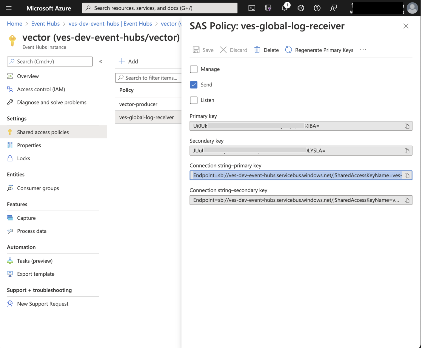 How do I configure Global Log Receiver for Azure Event Hubs?
